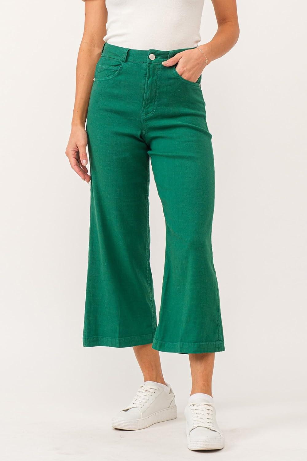 DEAR JOHN Audrey Women’s Wide Leg Pants High Rise(Galapagos Green Linen ...