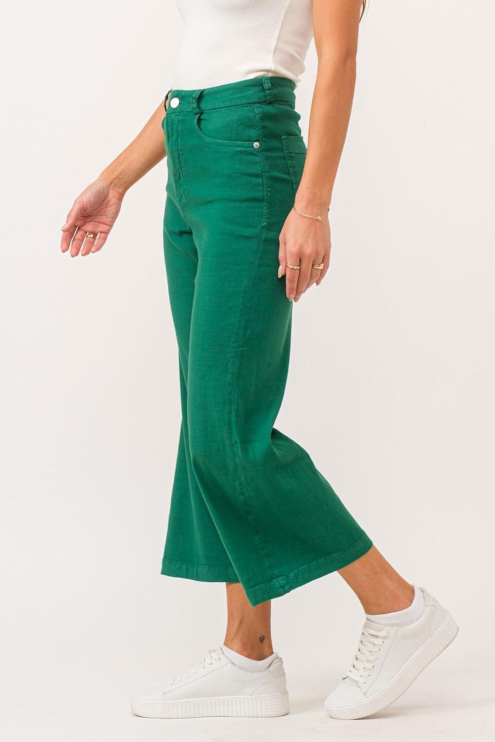 DEAR JOHN Audrey Women’s Wide Leg Pants High Rise(Galapagos Green Linen ...