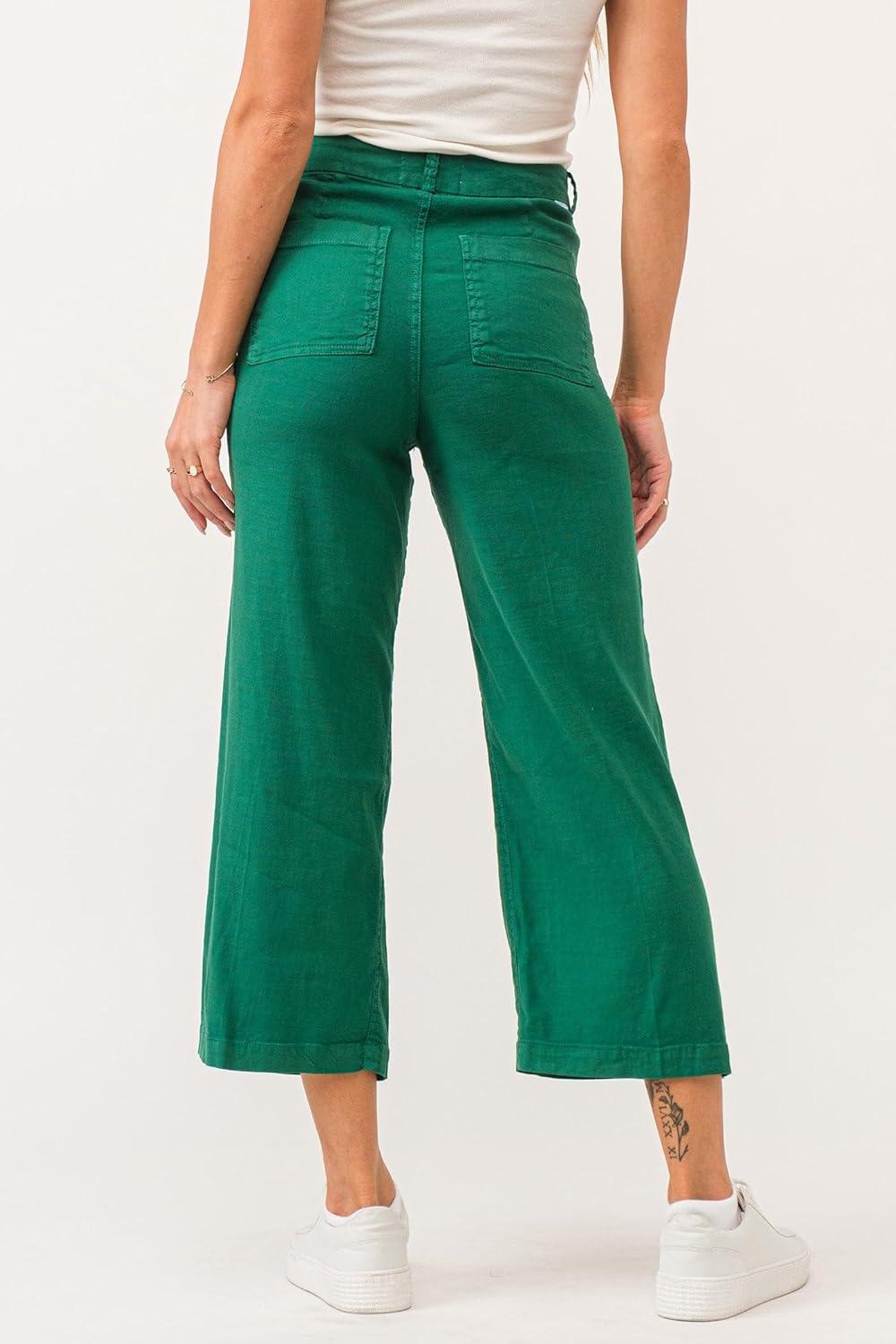DEAR JOHN Audrey Women’s Wide Leg Pants High Rise(Galapagos Green Linen ...