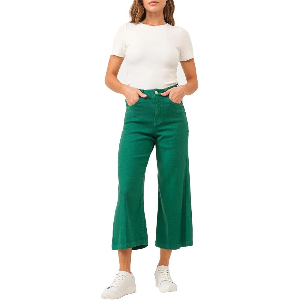 DEAR JOHN Audrey Women’s Wide Leg Pants High Rise(Galapagos Green Linen ...